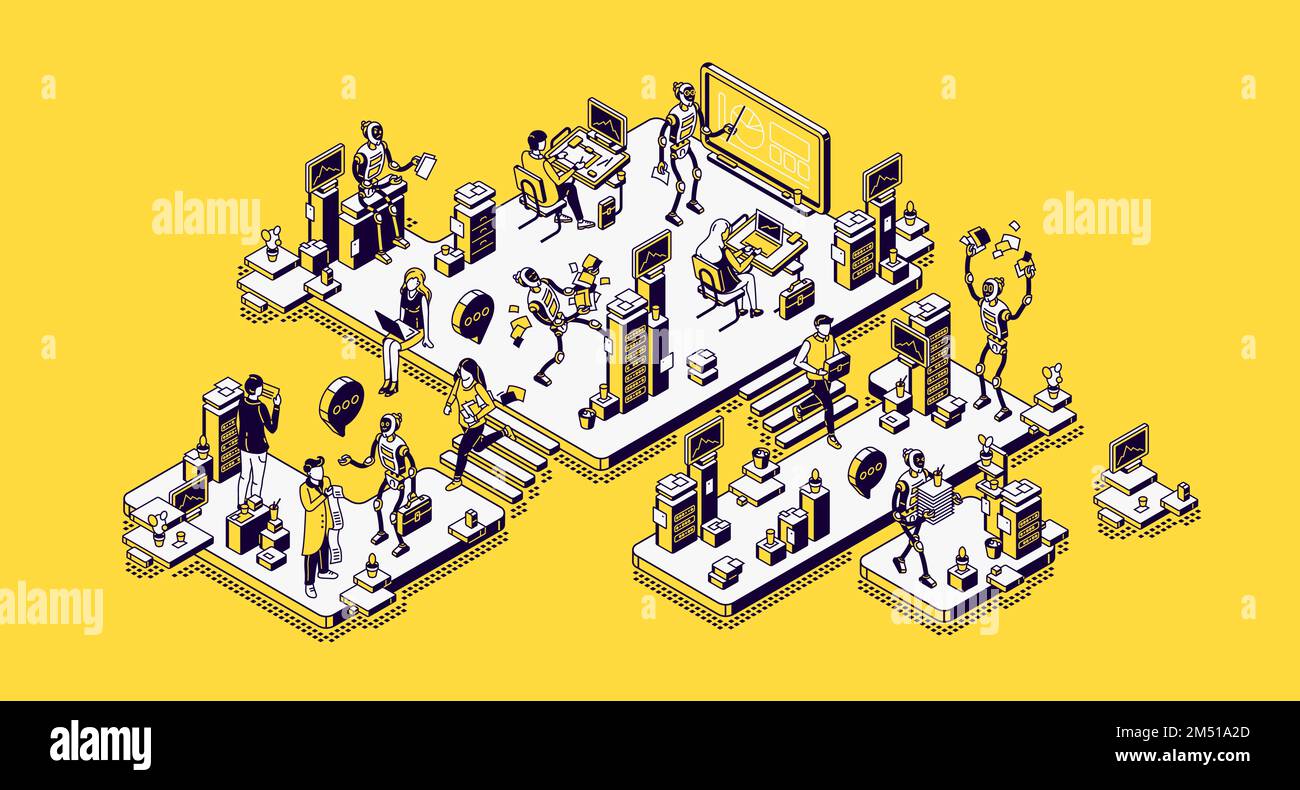 Human and ai robots office workers. Robotic employees together with ...