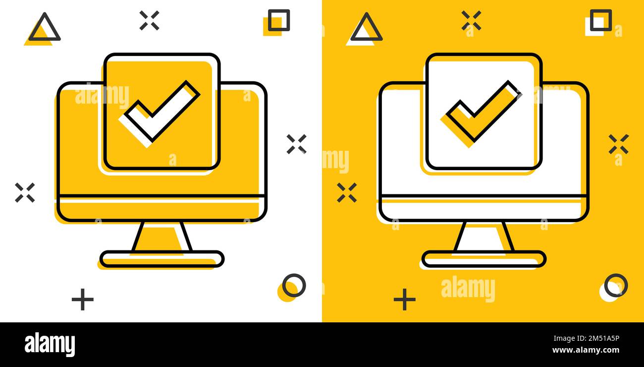 Computer check mark icon in comic style. Survey approval cartoon vector illustration on white ...