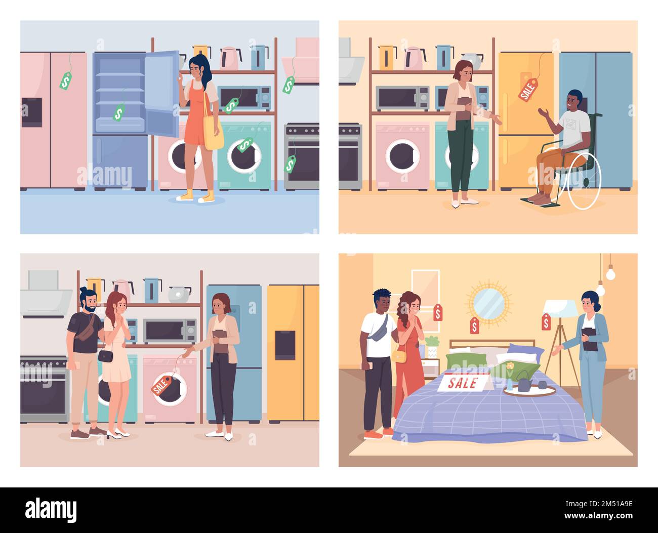 Buying household equipment flat color vector illustration set Stock ...