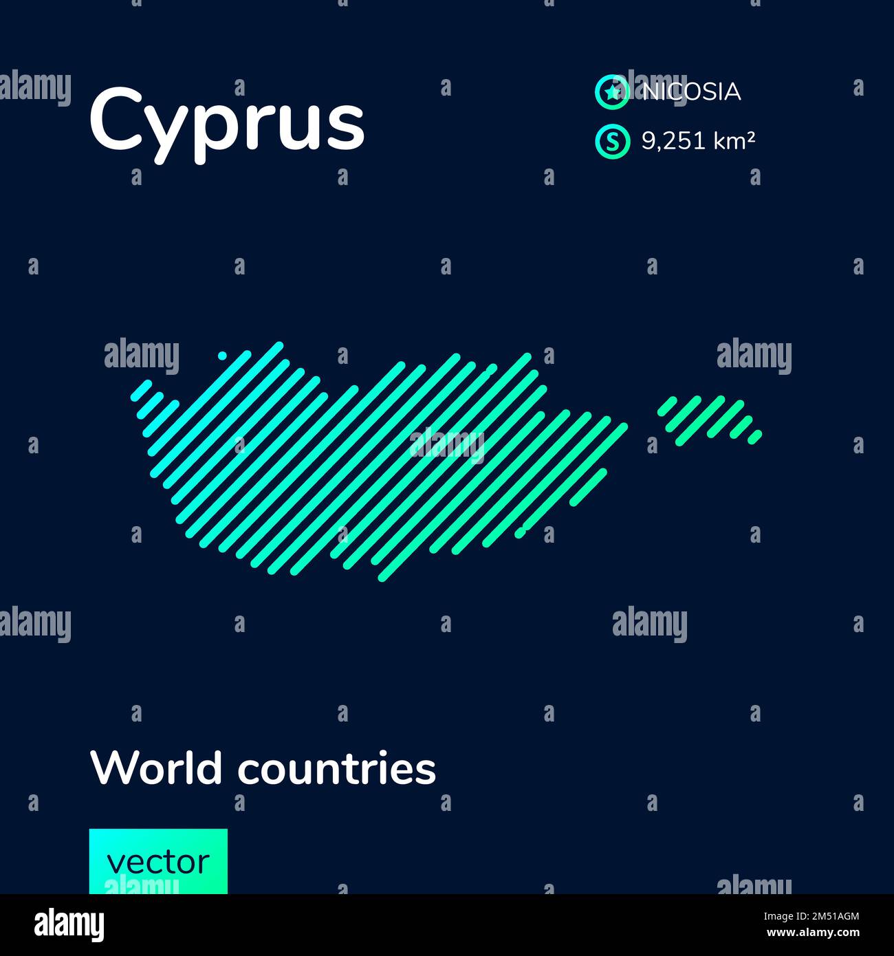 Vector creative digital neon flat line art abstract simple map of Cyprus with green, mint ...