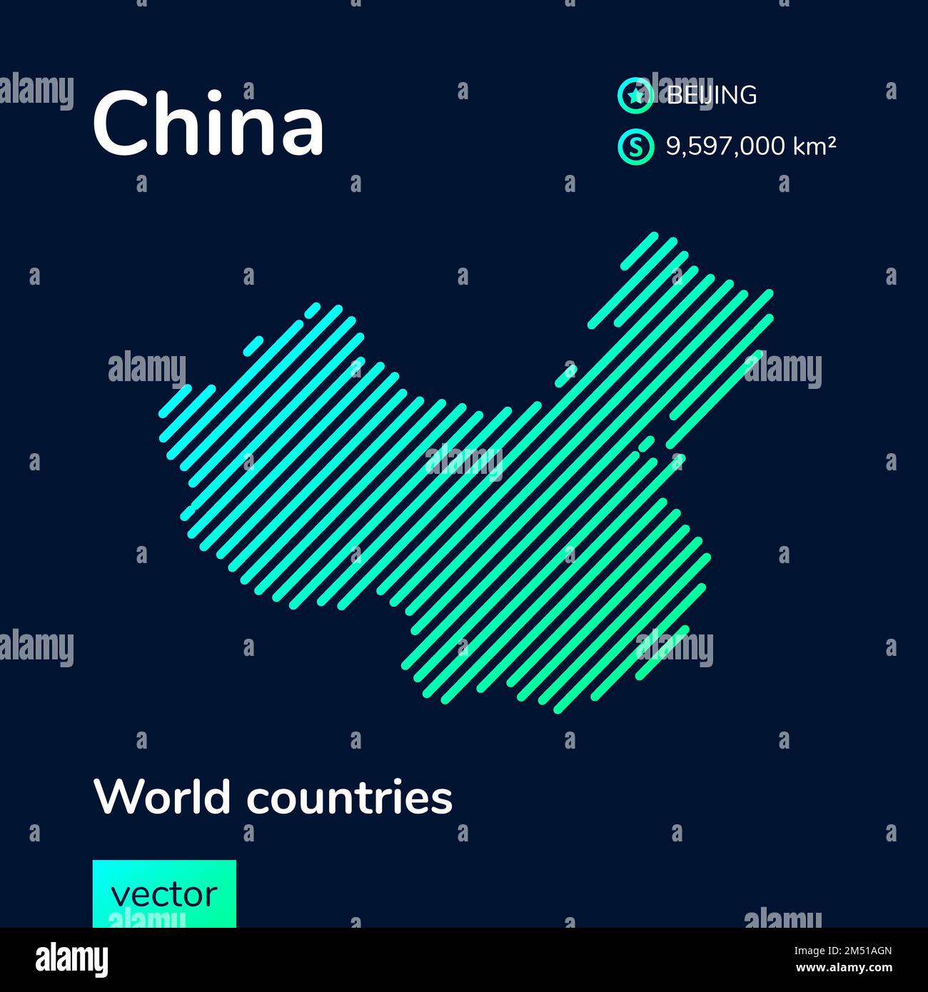 Vector creative digital neon flat line art abstract simple map of China ...