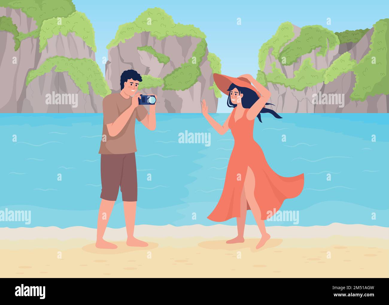 Young man taking photos of wife on beach flat color vector illustration ...