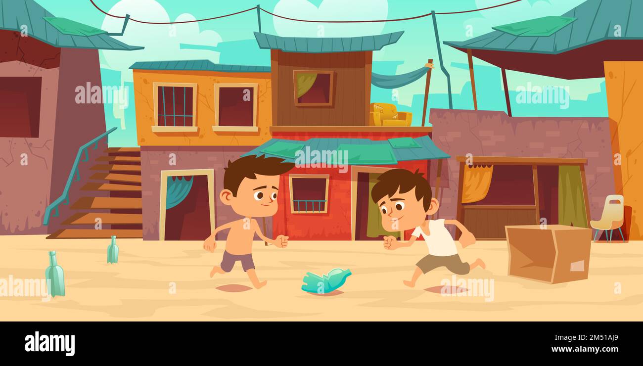 Kids in ghetto playing football with old plastic bottle and carton box ...