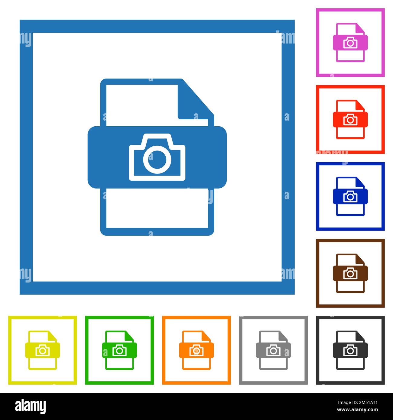 Raw camera file type flat color icons in square frames on white ...