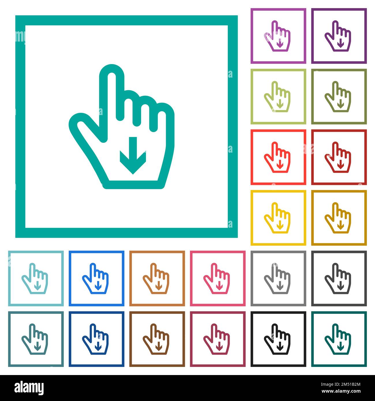 Hand cursor down outline flat color icons with quadrant frames on white ...