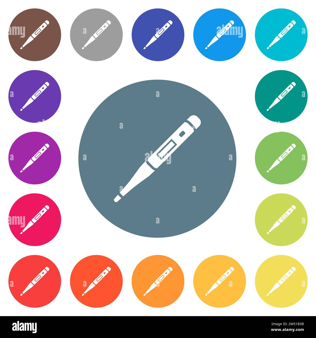 Digital thermometer flat white icons on round color backgrounds. 17 ...