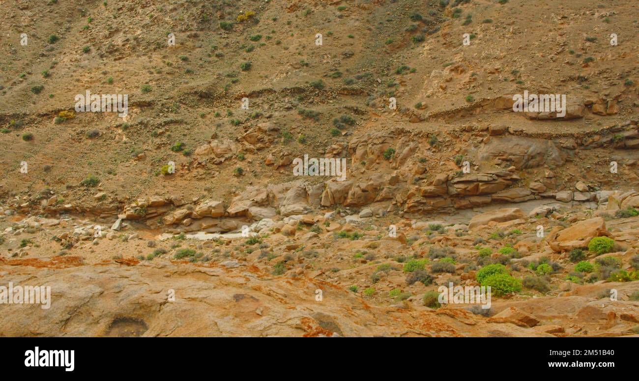 High quality footage of a valley and gorge in Fuerteventura at sunset ...