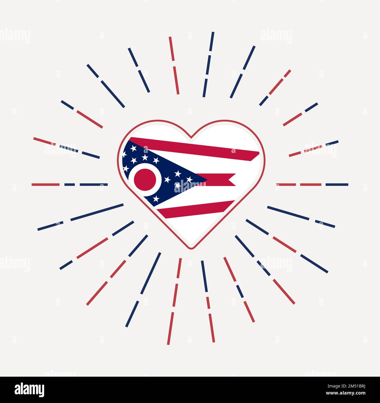 Ohio heart with flag of the US state. Sunburst around Ohio heart sign ...