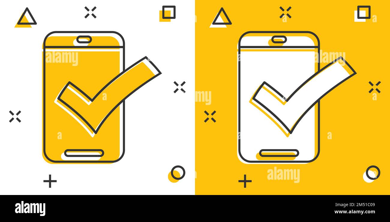 Phone check mark icon in comic style. Smartphone approval cartoon ...