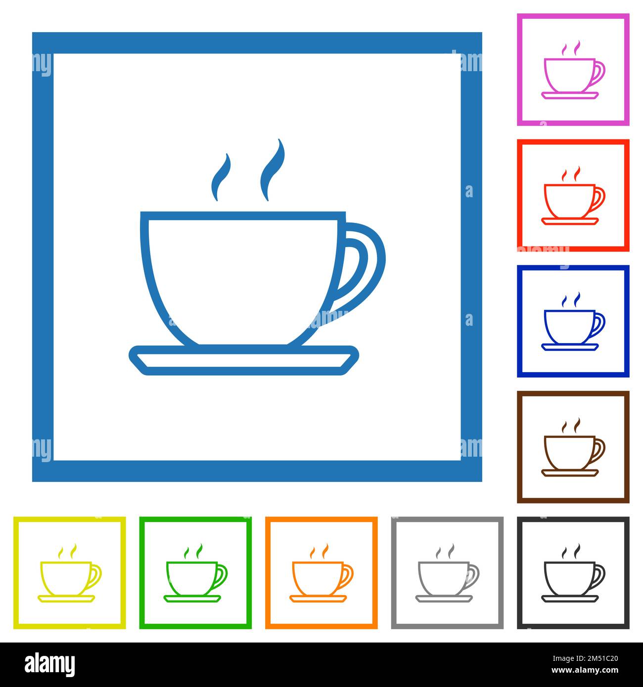 Cup of coffee outline flat color icons in square frames on white ...