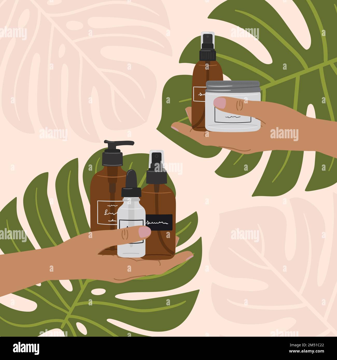 Female hands hold natural organic cosmetic products in bottles, jars ...
