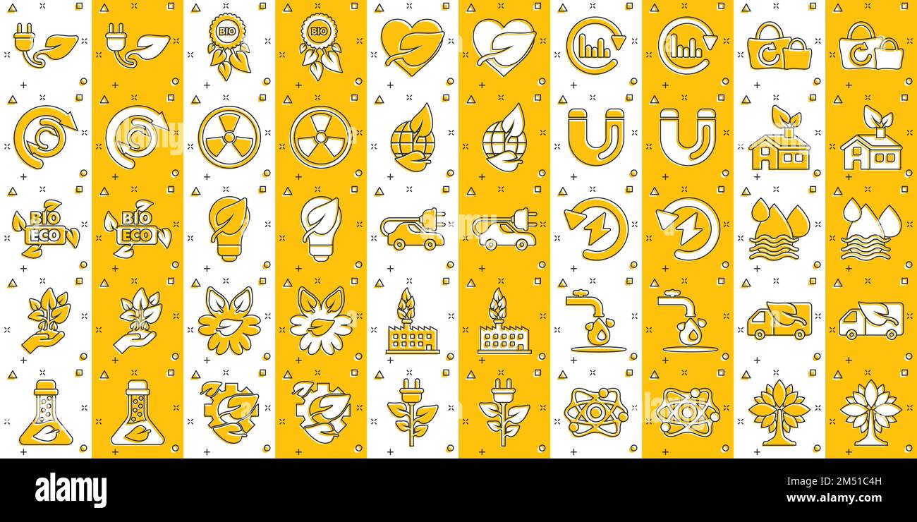 Eco environment icons set in comic style. Ecology cartoon vector ...