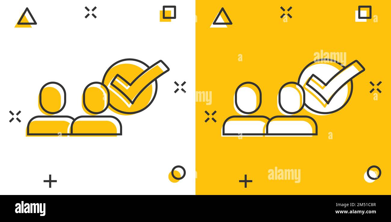 Organization management icon in comic style. People with check mark ...