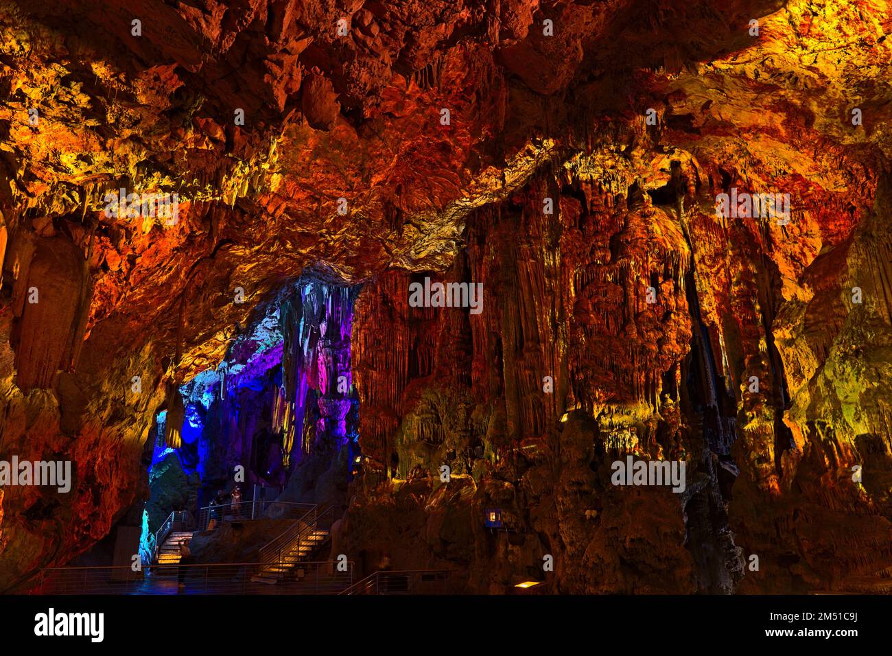 Light shows in St. Michael's Cave in Gibraltar Stock Photo - Alamy
