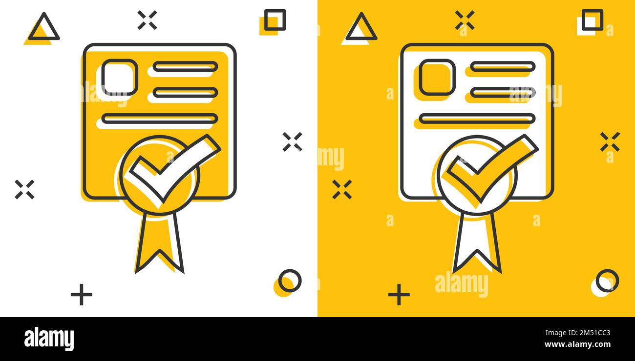 Approve certificate icon in comic style. Document check mark cartoon ...