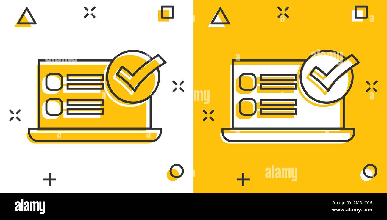 Laptop check mark icon in comic style. Computer approval cartoon vector ...
