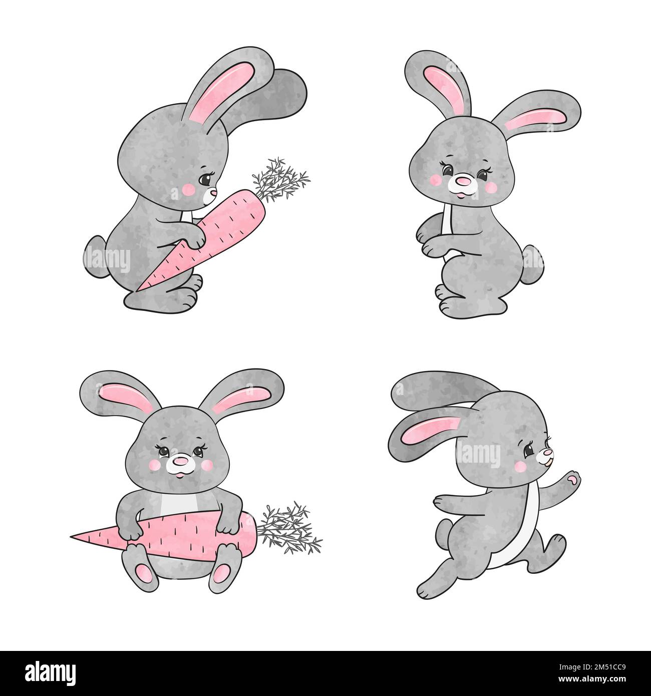 Set of cute cartoon baby rabbits. Vector watercolor bunny illustration ...