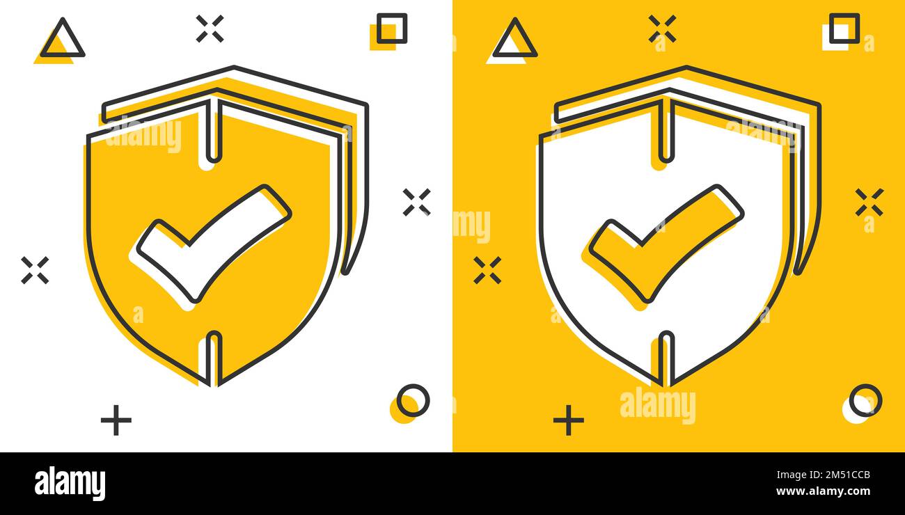 Shield with check mark icon in comic style. Protect cartoon vector ...