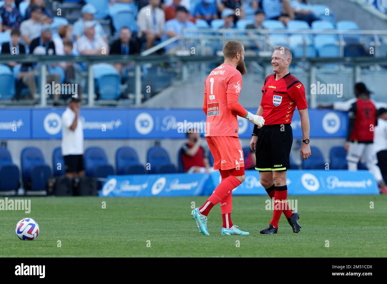 Andrew Redmayne of Sydney FC talks to referee Kurt Ams during the match ...