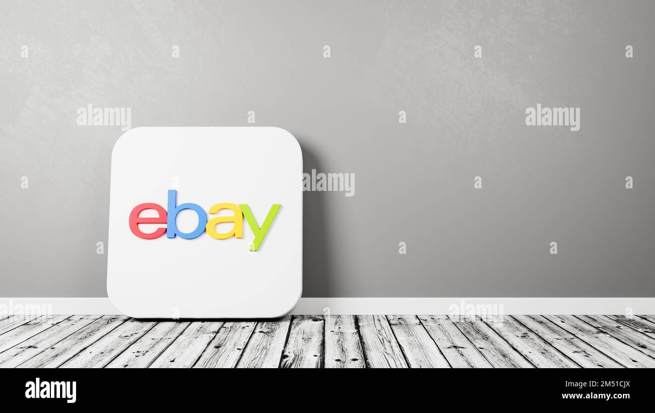 Ebay App Icon on Wooden Floor Against Wall Stock Photo - Alamy