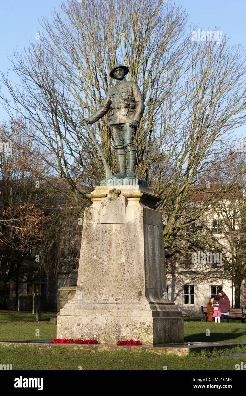 The Grade II listed bronze soldier statue outside Winchester Cathedral ...