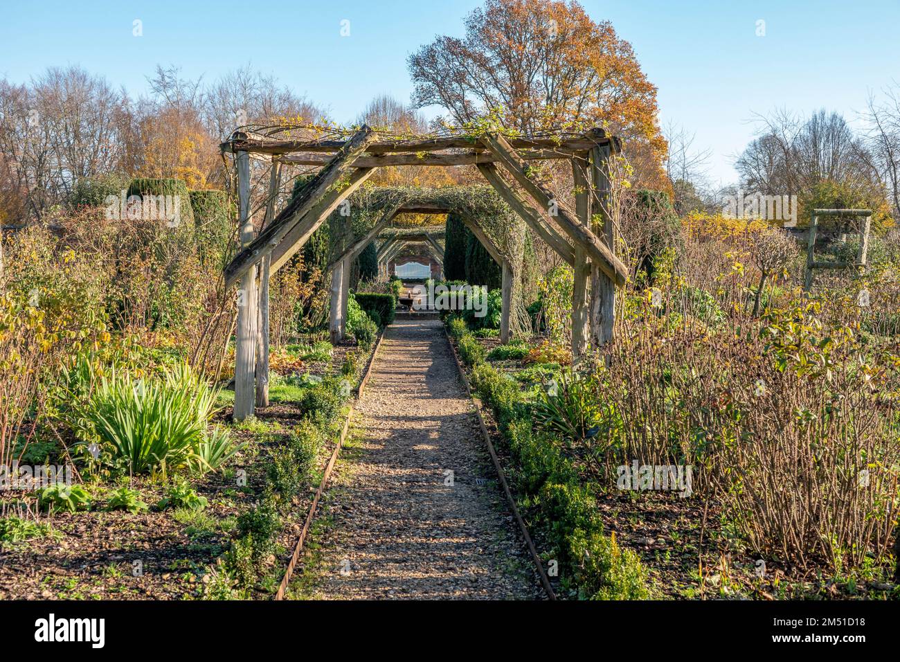 looking down a pathway through a winter garden to a fountain and bench ...