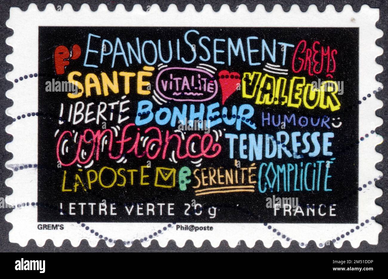 TIMBRE OBLITERE ÉPANOUISSEMENT.SANTÉ.VITALITÉ.VALEUR.LIBERTÉ.BONHEUR ...