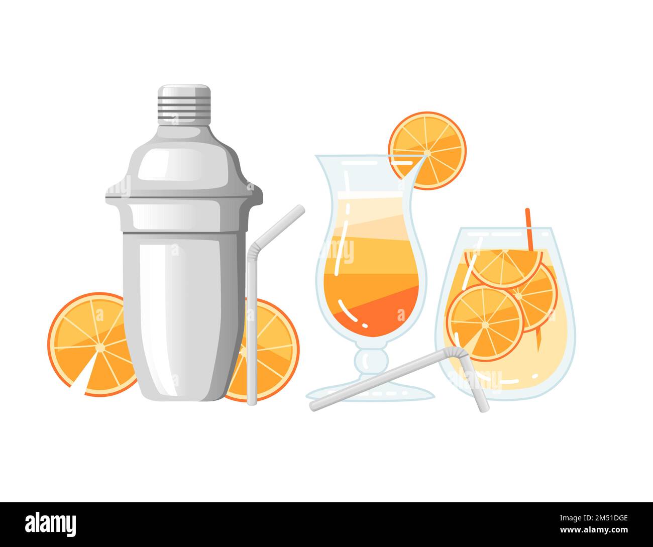 Two cocktails in glass with bar accessory tools steel shaker vector ...