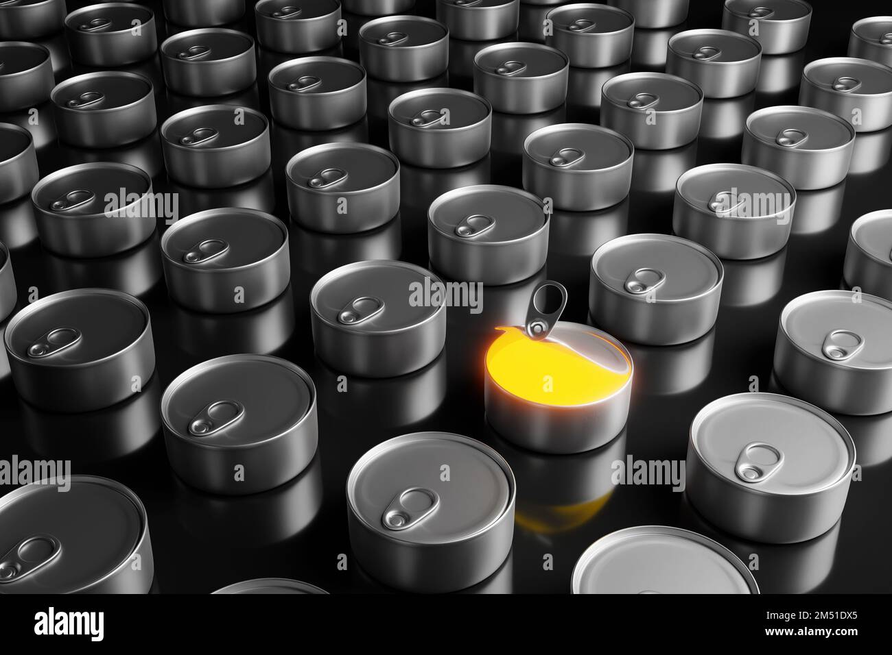 Array of metallic food cans with one lid opened showing the golden ...