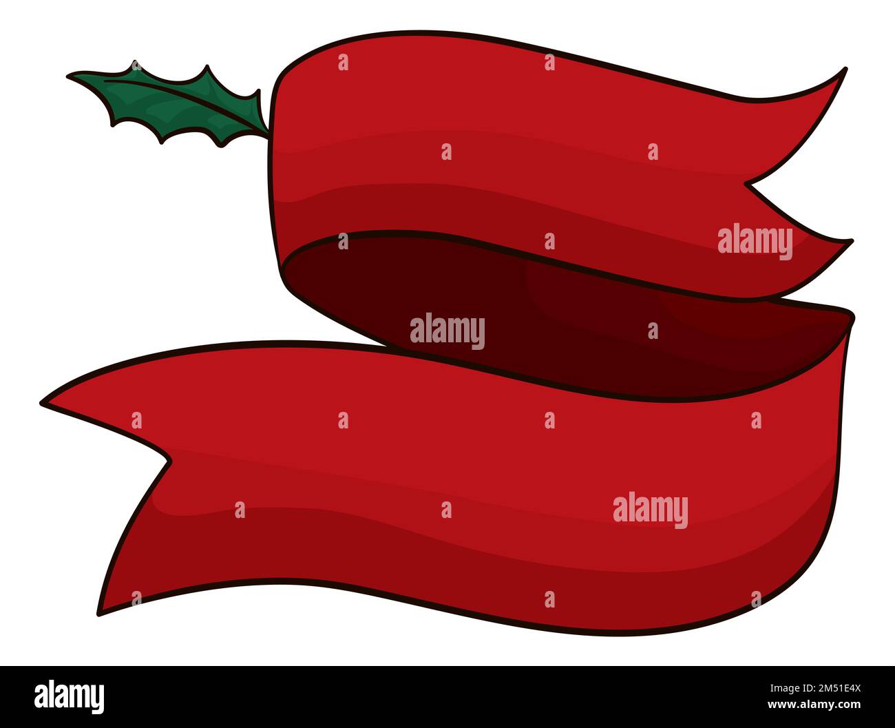 Seasonal Red And Curled Ribbon Like An Empty Template Decorated With Holly Leaf For Christmas