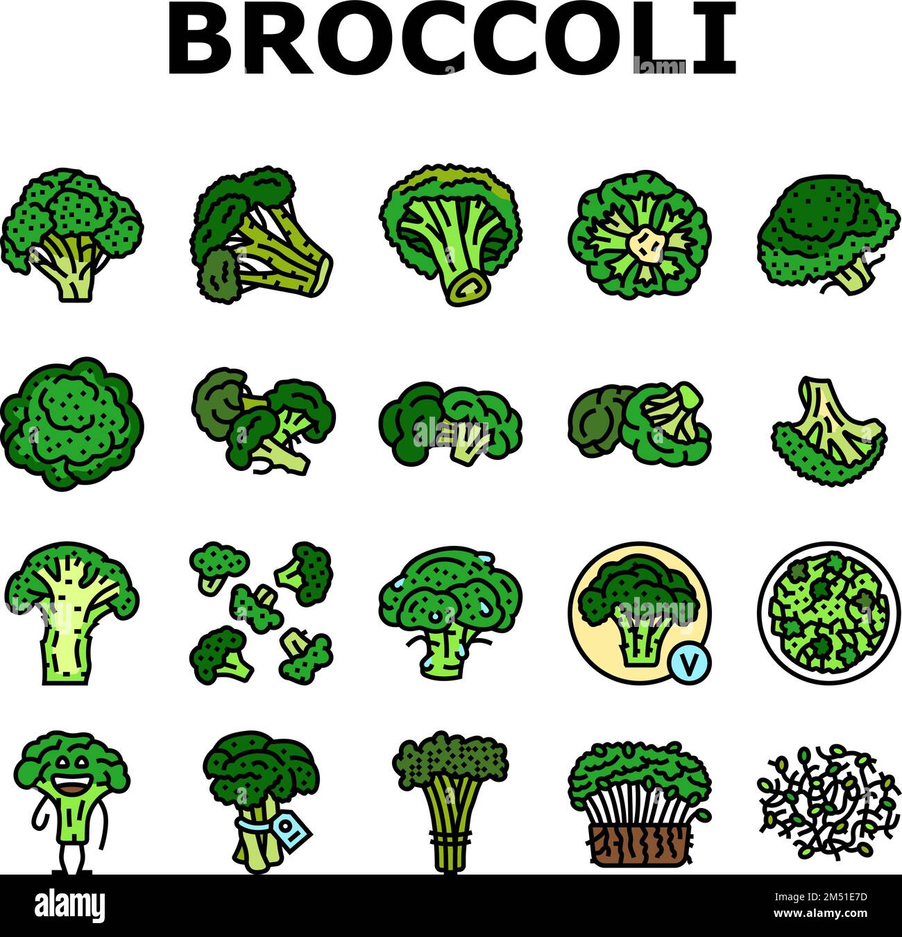 broccoli food cabbage vegetable icons set vector Stock Vector Image ...