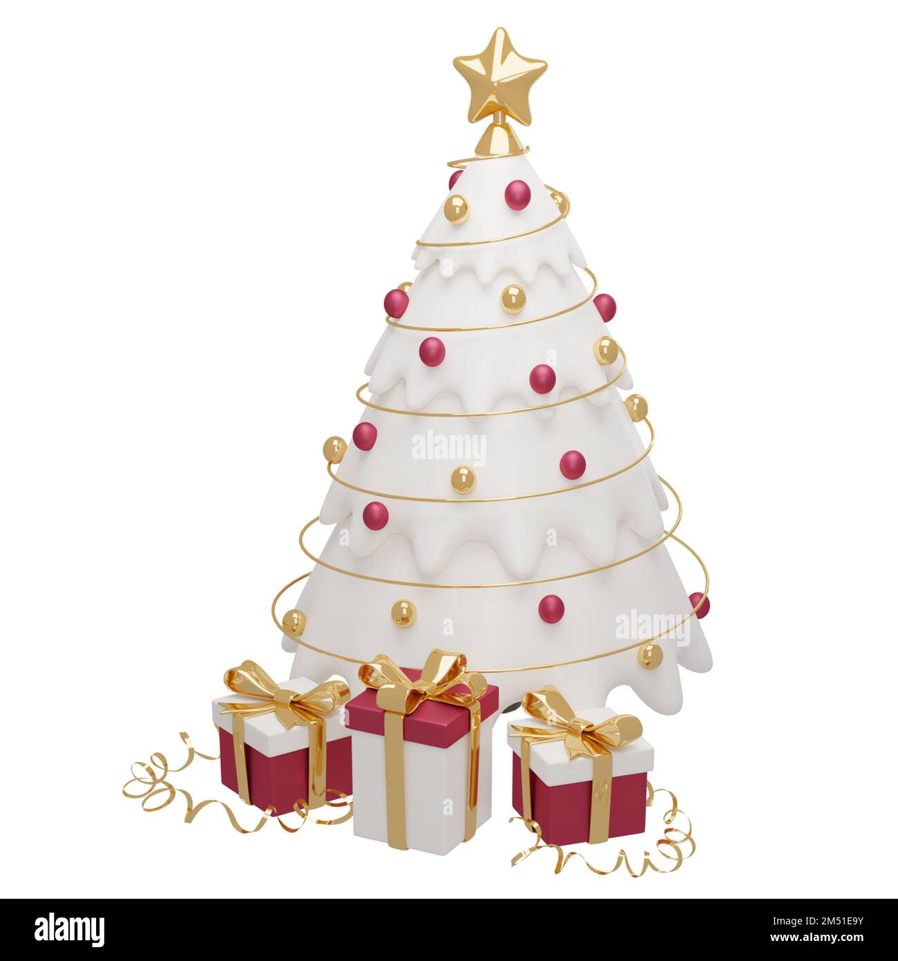 3D render Christmas tree with balls, golden star, gift boxes and ...