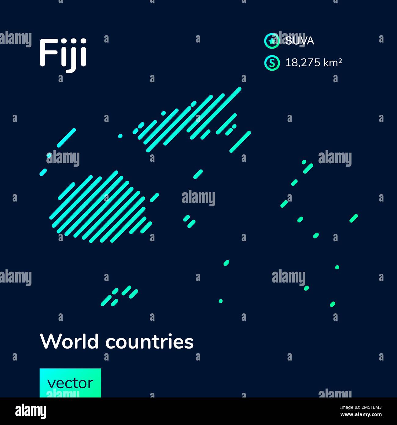 Vector creative digital neon flat line art abstract simple map of Fiji ...