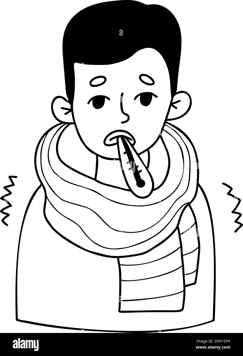 Frozen, sick guy, wrapped in scarf, with thermometer. Vector Outline ...