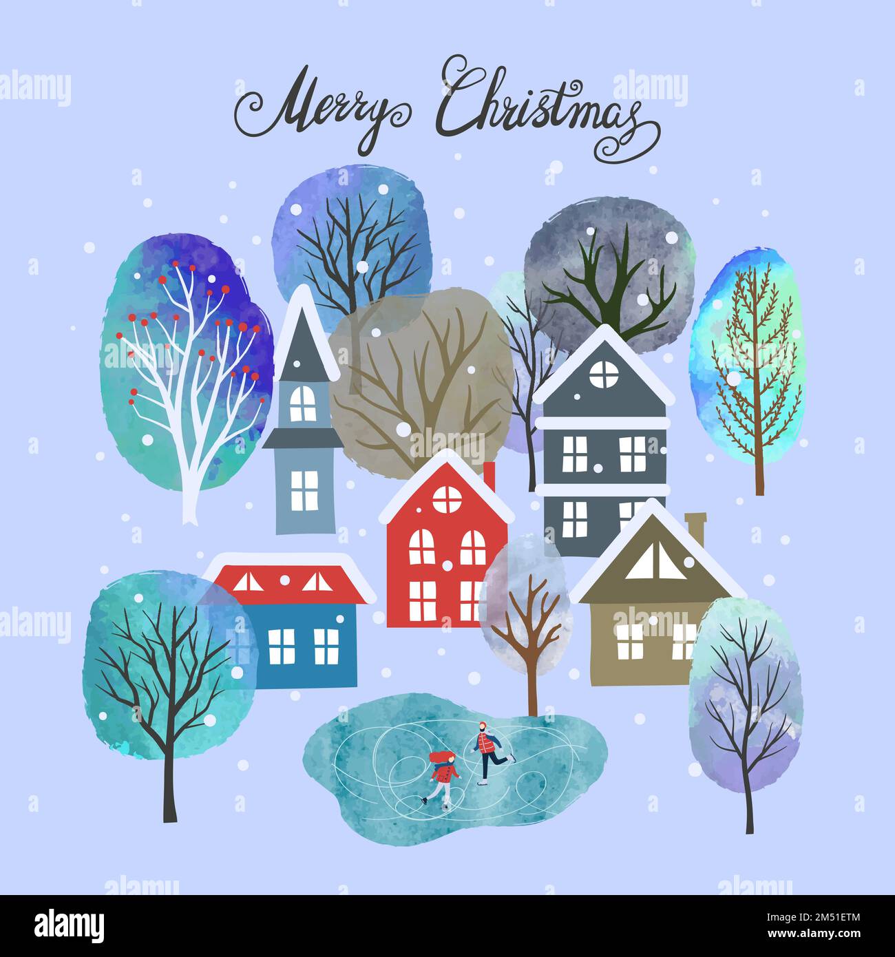 Christmas card with watercolor trees and houses. Vector winter ...