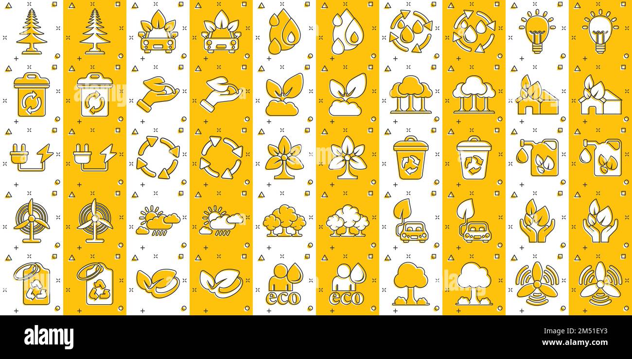 Eco environment icons set in comic style. Ecology cartoon vector ...