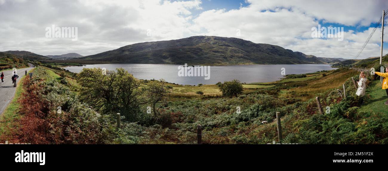 A panoramic shot of the landscape at Connemara National Park in Ireland ...