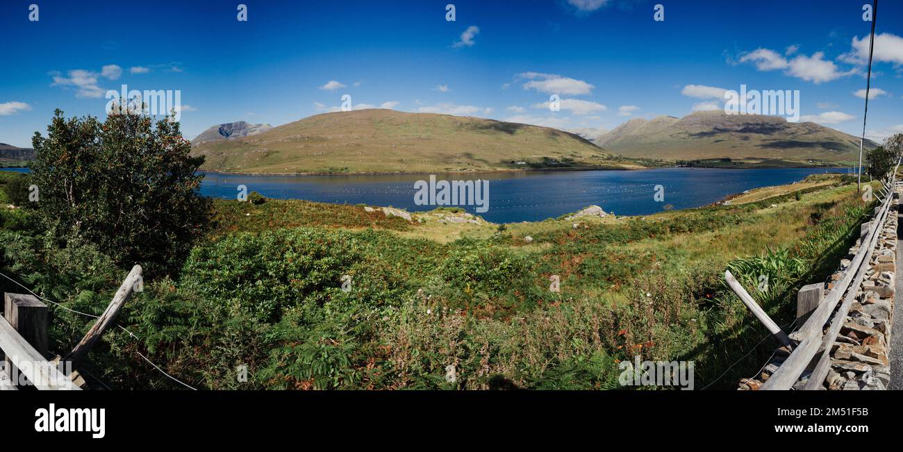 A panoramic shot of the landscape at Connemara National Park in Ireland ...