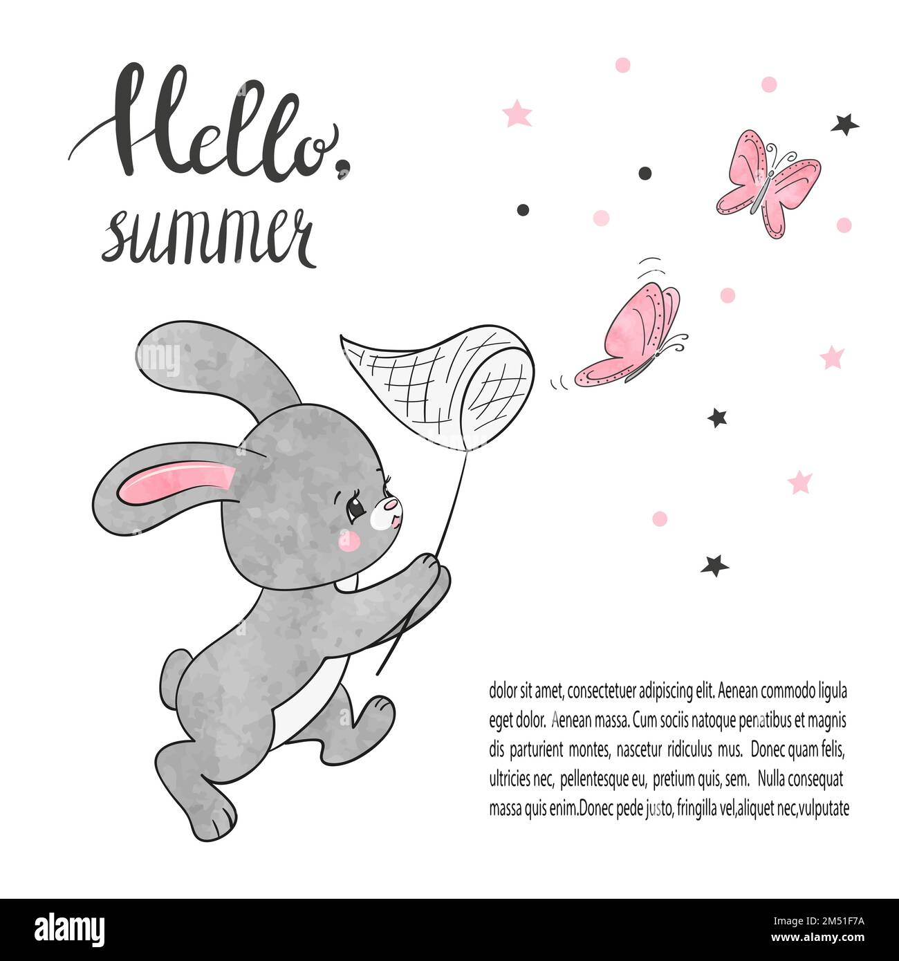 Cute cartoon bunny with butterfly. Vector illustration. Birthday card ...