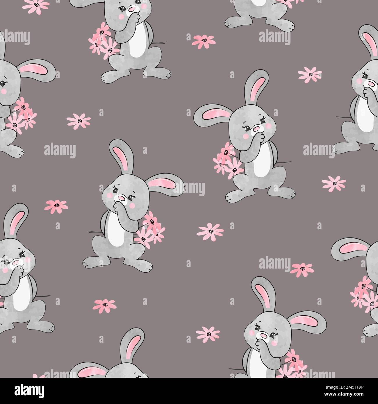 Seamless watercolor cute bunny pattern for kids. Vector illustration of ...