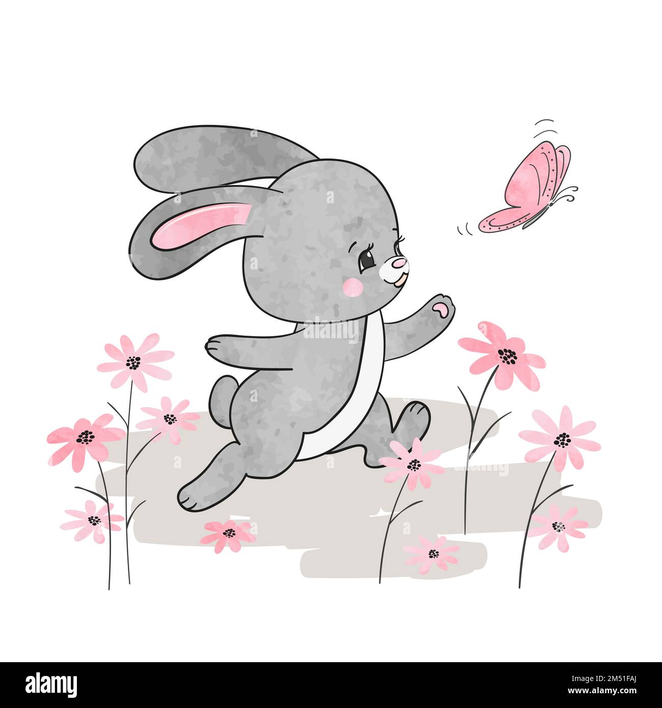 Cute cartoon bunny with butterfly. Birthday or Easter card design Stock ...