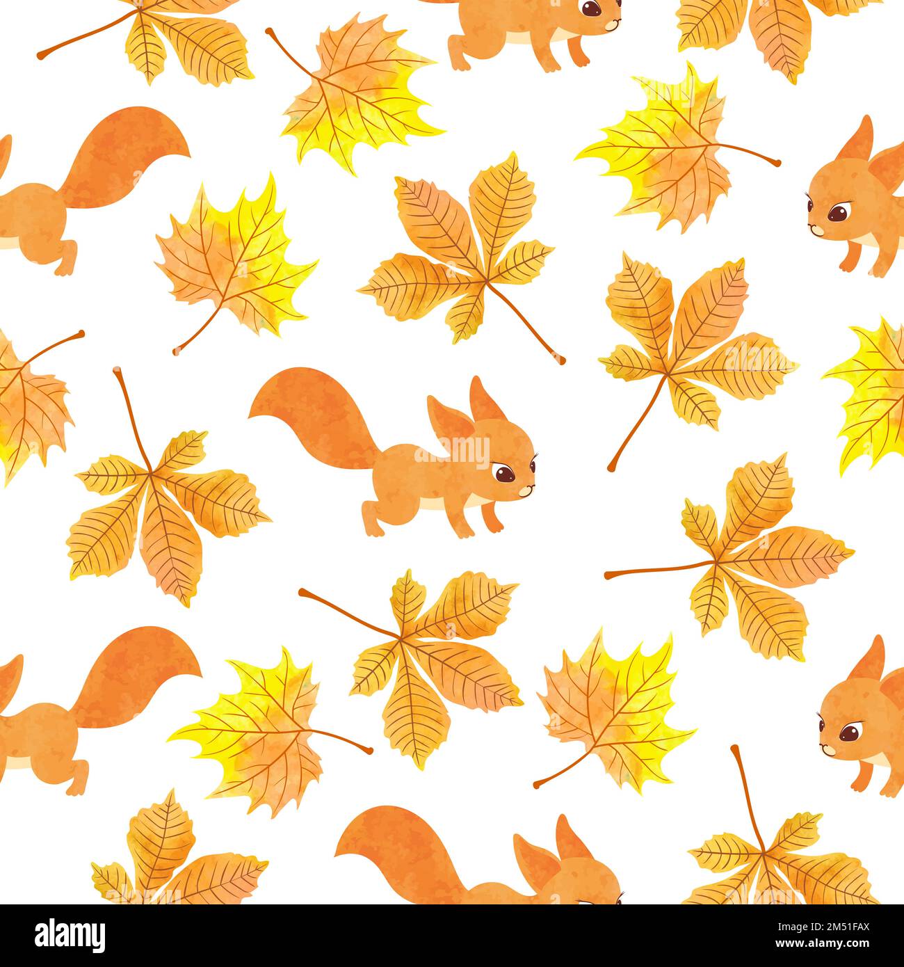 Seamless autumn pattern with cute squirrels and leaves. Vector autumn ...