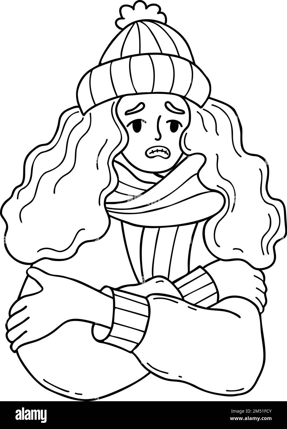 Unhappy girl in knitted hat and scarf freezing wearing and shivering ...