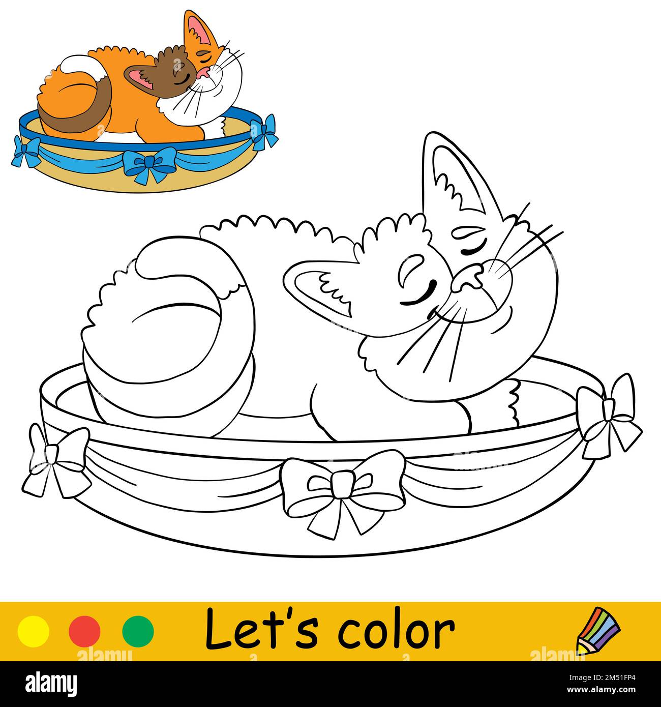 Cute cat sleeps in a cot. Coloring book page with color template for ...