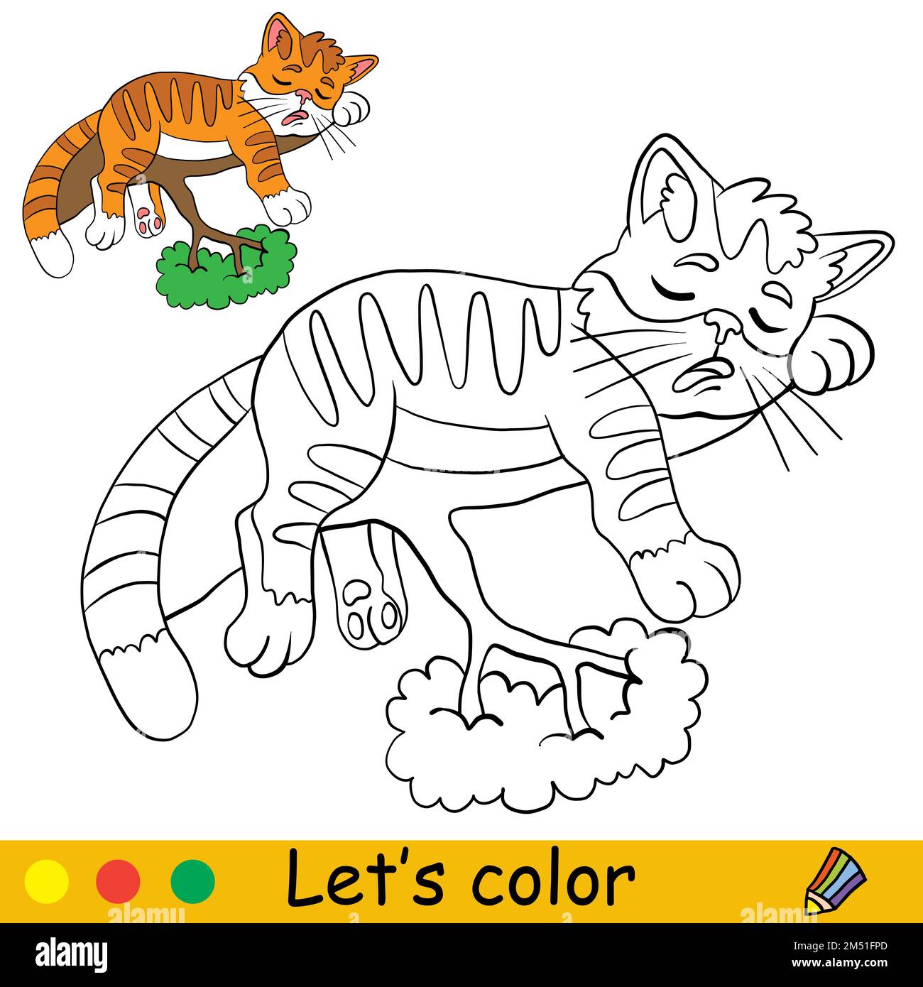 Cute kitten sleeping on a tree branch. Coloring book page with color ...