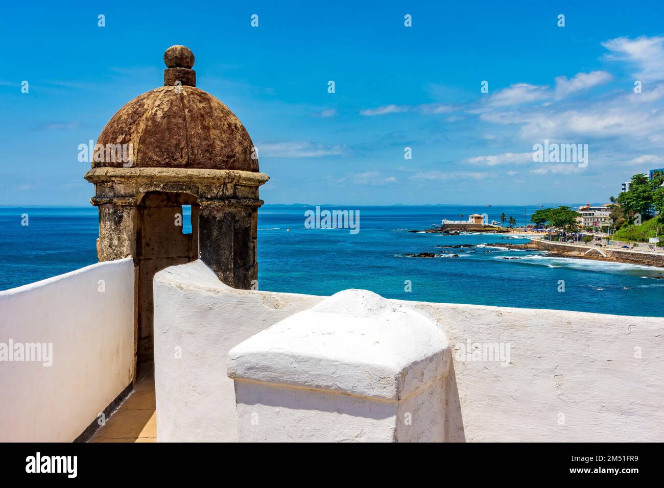 Wall and guardhouse of an old historic fort on the edge of the city of ...