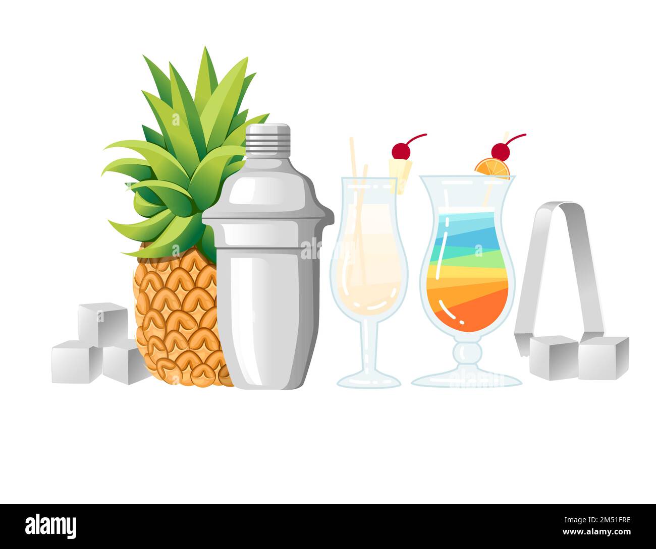 Two cocktails in glass with bar accessory tools steel shaker vector ...