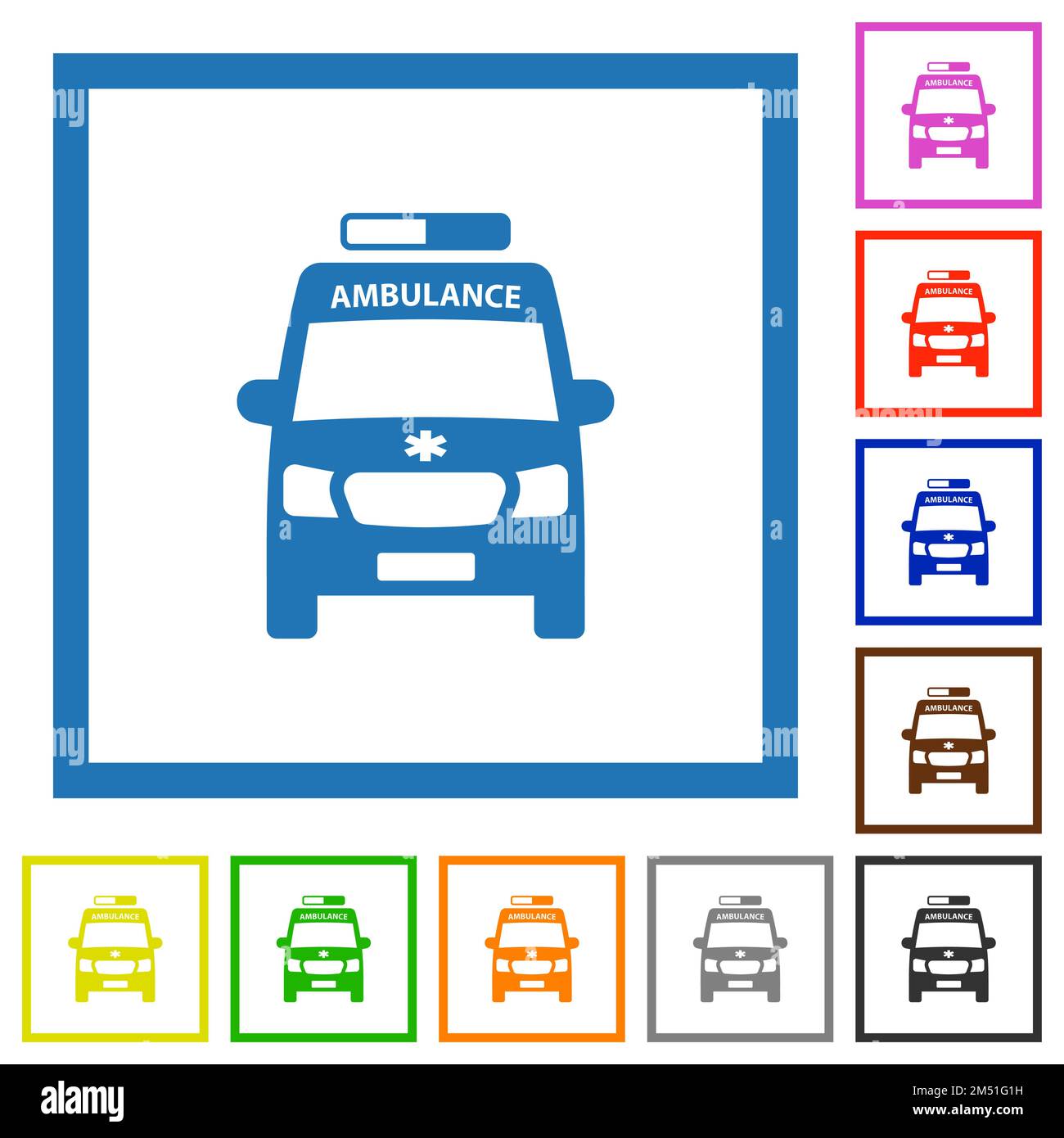 Ambulance car front view flat color icons in square frames on white ...