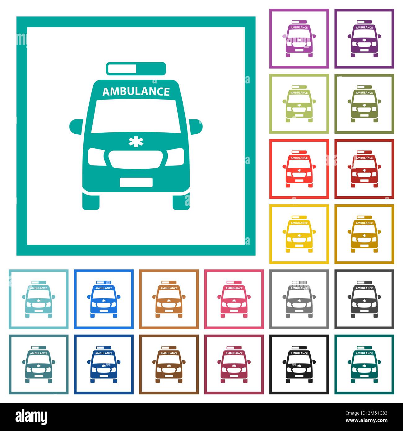 Ambulance car front view flat color icons with quadrant frames on white ...