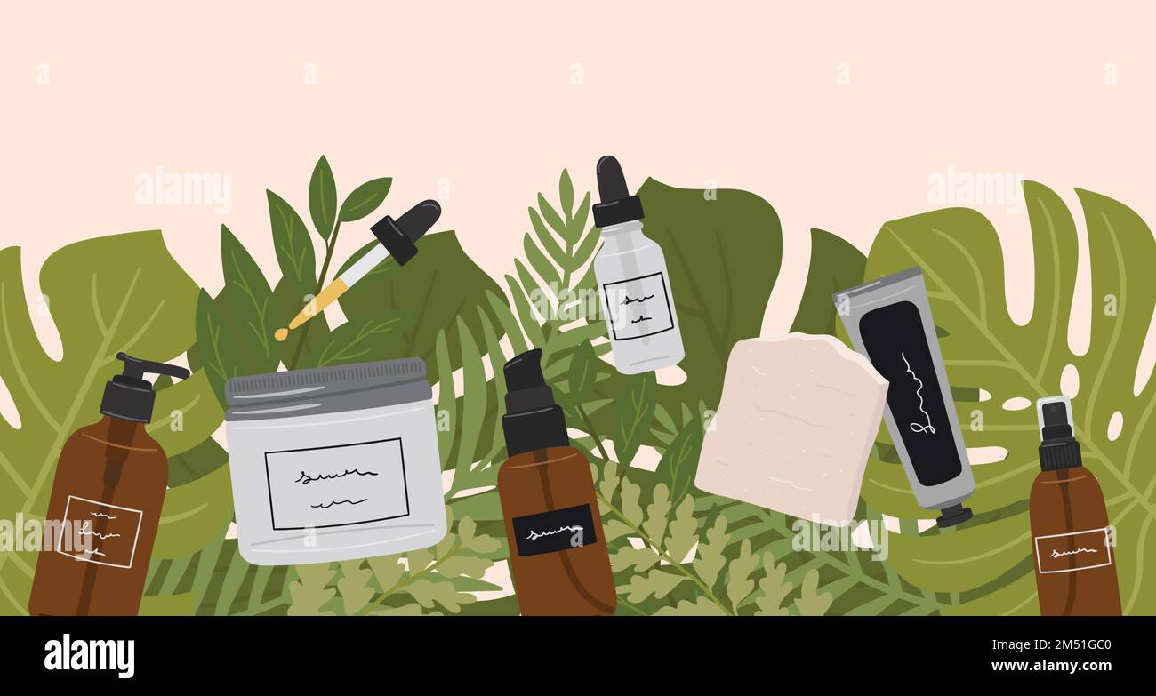 Vertical banner with organic cosmetic products in bottles, jars, tubes ...